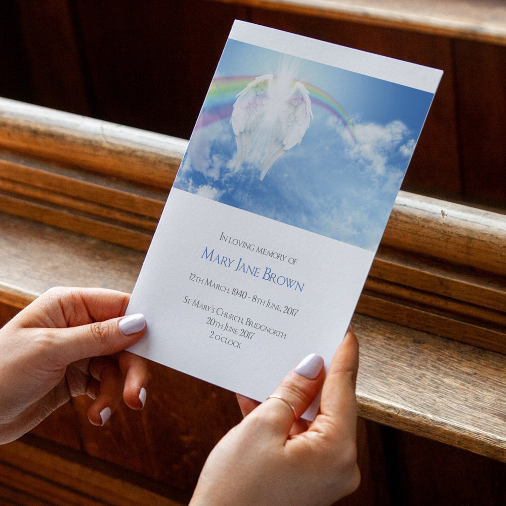 Funeral Order of Service Card - Angelic Wings & Rainbow - Fast Delivery ...