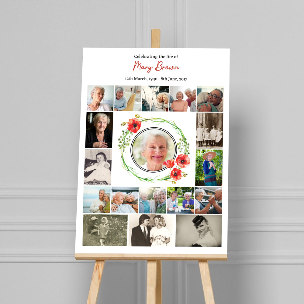 Funeral Photo Memory Board - Watercolour Poppy Garland - Fast Delivery ...