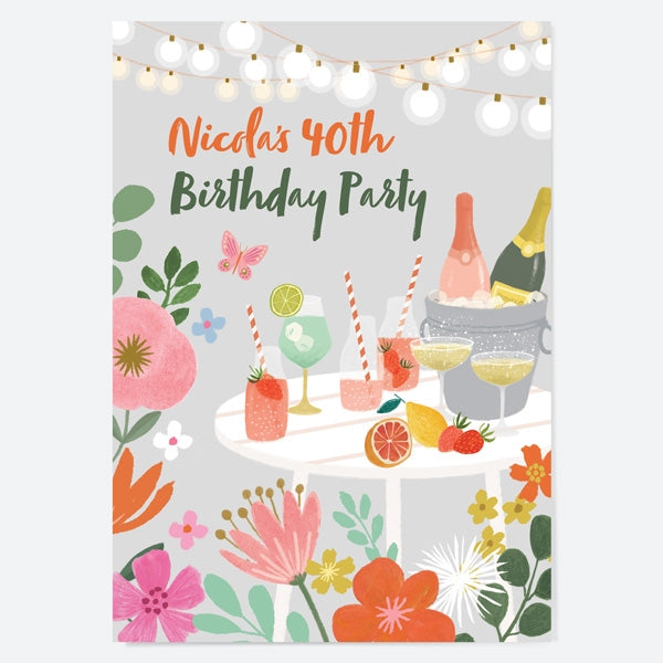 40th Birthday Invitations - Beautiful Blooms - Drinks - Summer Party ...