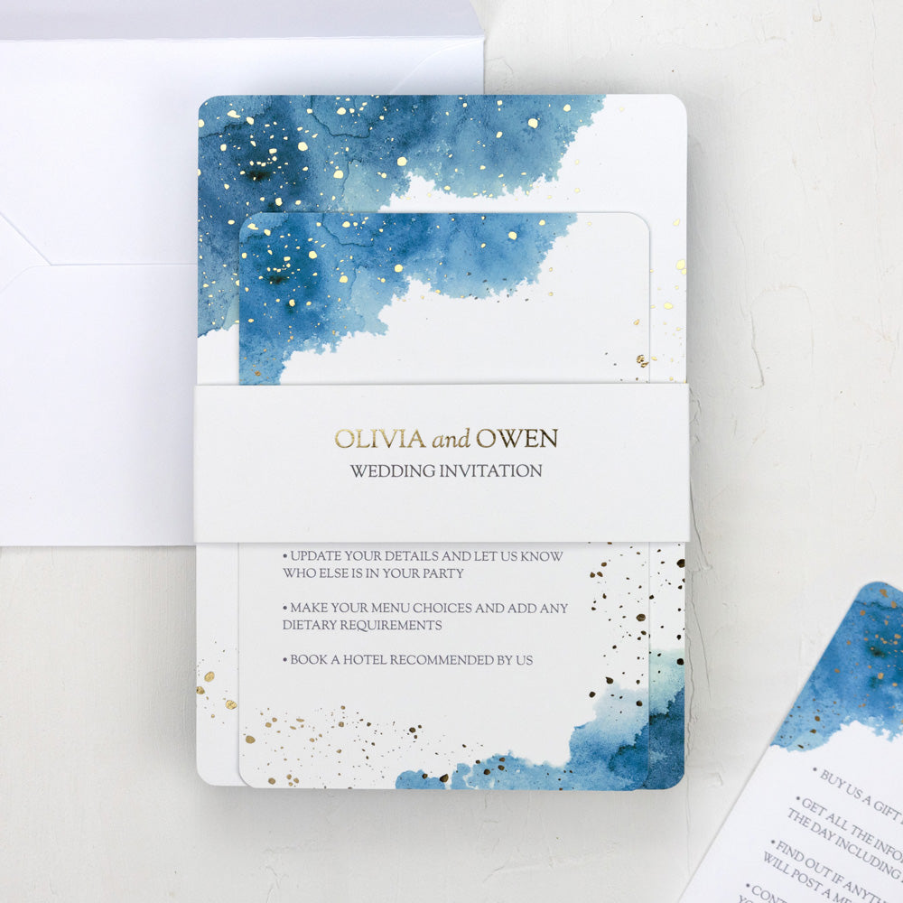 Blue Inkwash - Foil Wedding Invitation & Information Card Suite - Fast ...
