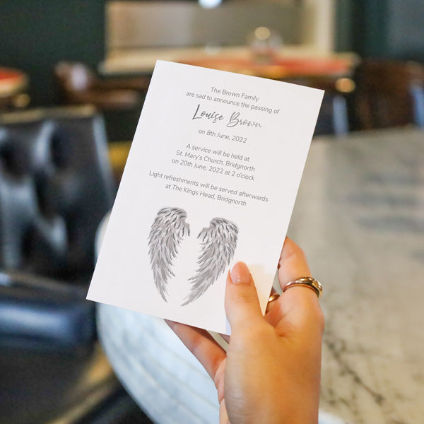 Foil Funeral Invitations - Silver Angel Wings - Fast Delivery at Dotty ...