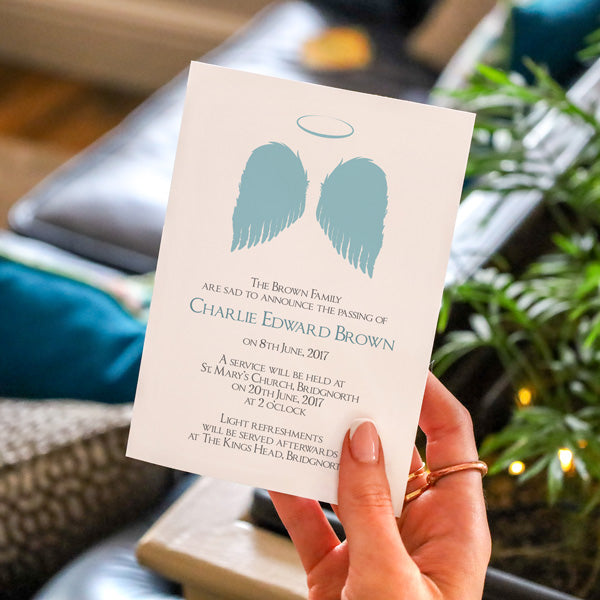 Funeral Invitations - Blue Angel Wings - Fast Delivery at Dotty About Paper