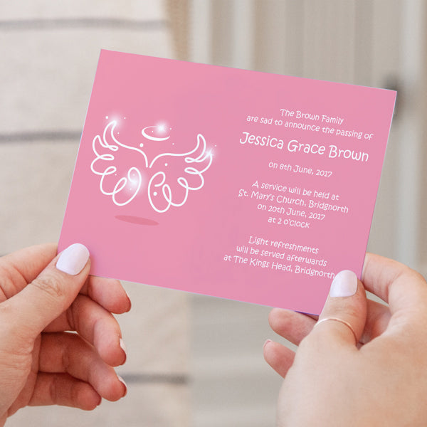 Funeral Invitations - Bright Pink Angel Wings & Halo - Fast Delivery at ...