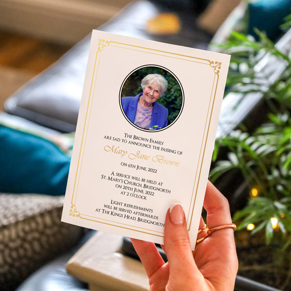Foil Funeral Invitations - Gold Elegant Frame - Fast Delivery at Dotty ...
