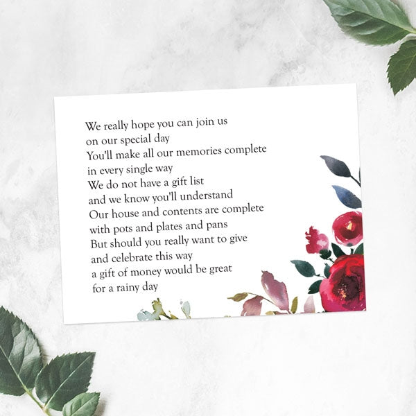 Boho Burgundy Flowers Gift Poem Card - Fast Delivery at Dotty About Paper