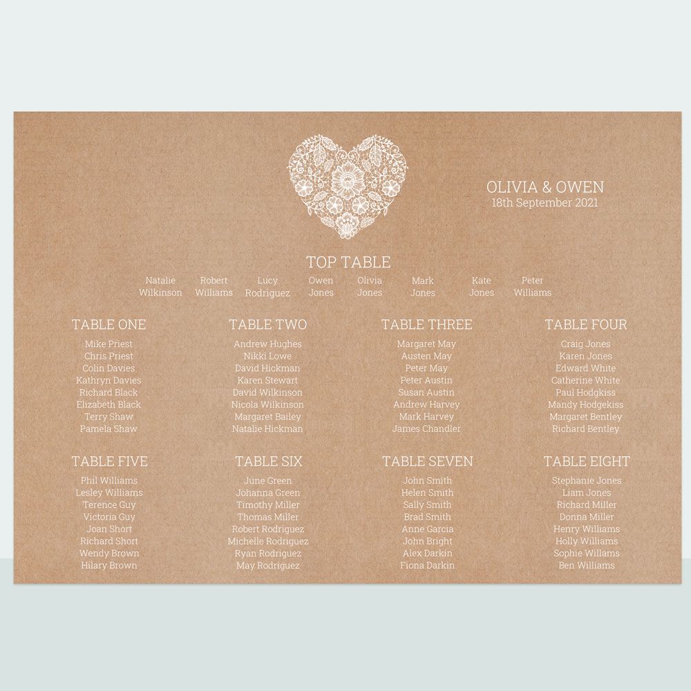 Rustic Lace Heart - Table Plan - Fast Delivery at Dotty About Paper