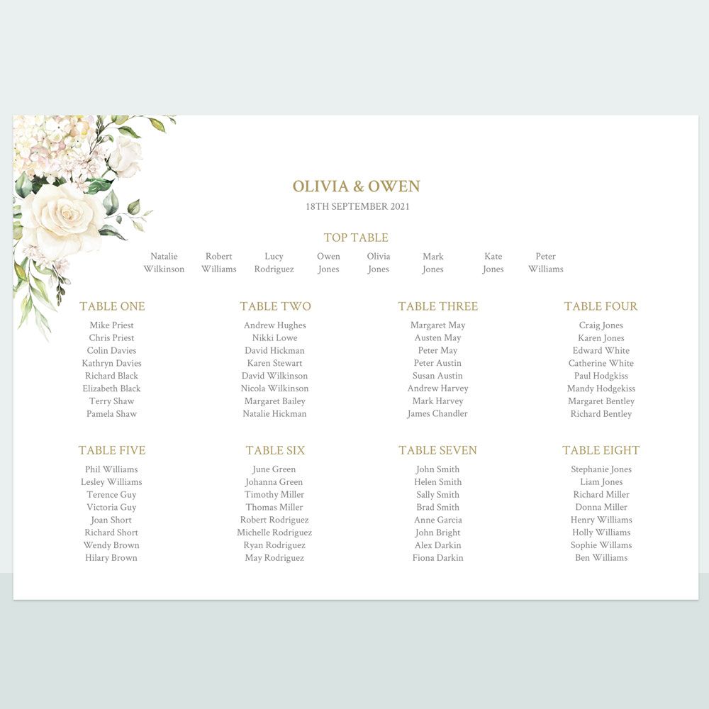 White Roses - Table Plan - Fast Delivery at Dotty About Paper