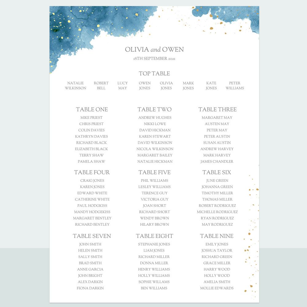 Blue Inkwash - Foil Table Plan - Fast Delivery at Dotty About Paper