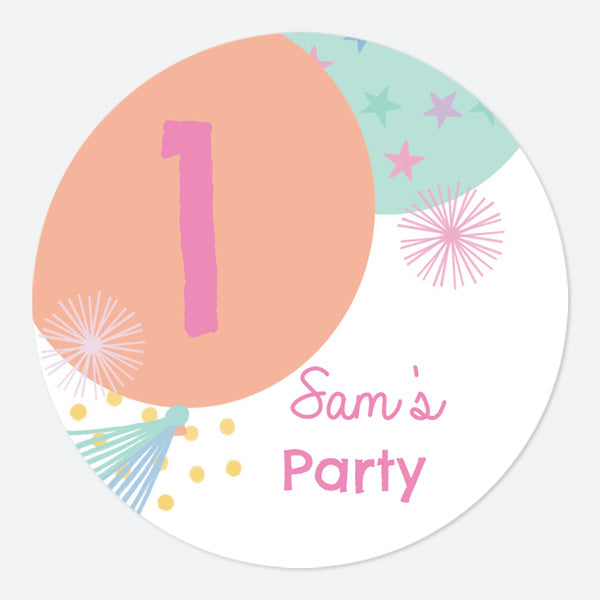 Girls Party Balloons Age 1 - Large Round Personalised Party Stickers ...