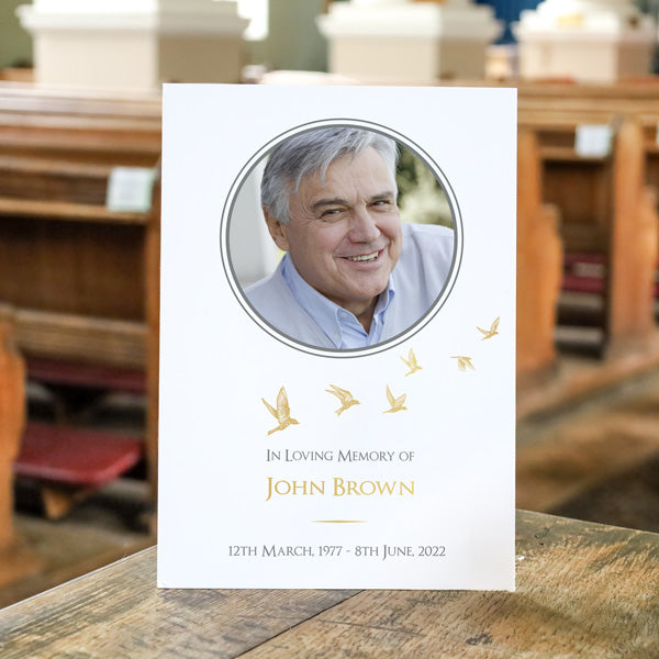 Foil Funeral Memorial Sign - Gold Flying Birds Photo - Fast Delivery at ...