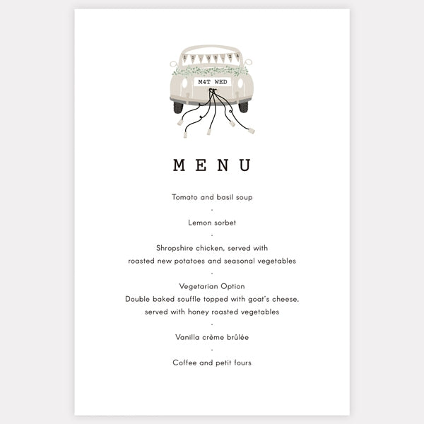 Vintage Classic Car Wedding Menu - Fast Delivery at Dotty About Paper