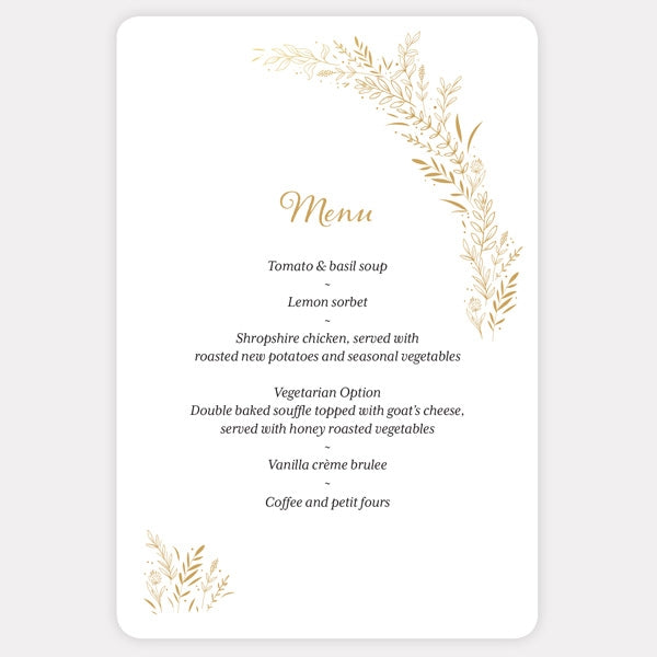 Wildflower Arch Foil Wedding Menu - Fast Delivery at Dotty About Paper