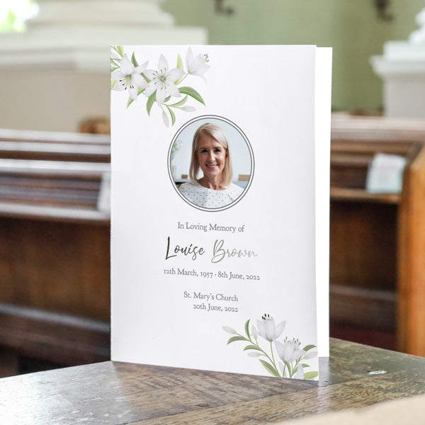 Foil Funeral Order of Service Booklet - White Lilies Photo - Fast ...