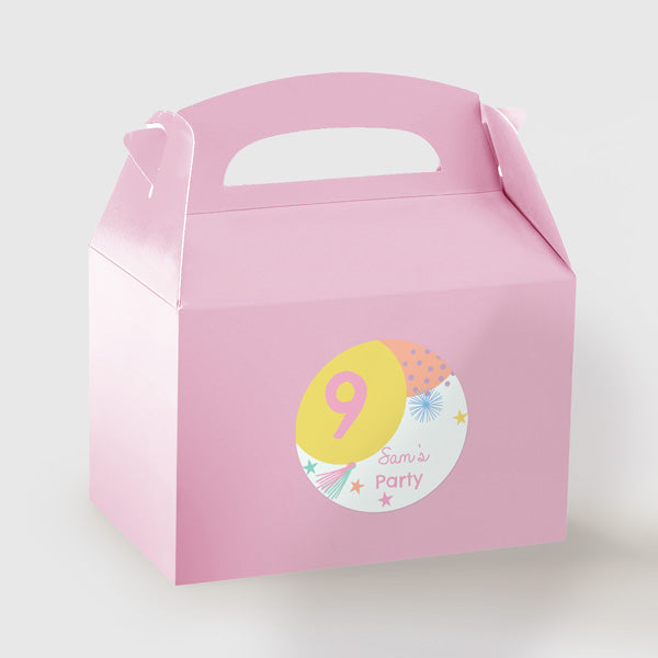 Girls Party Balloons Age 9 - Pink Party Boxes and Round Stickers - Pack ...