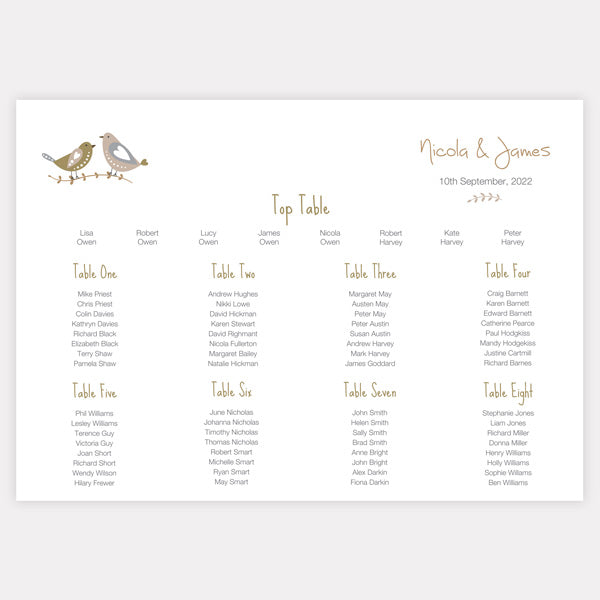 Rustic Woodland Birds Table Plan - Fast Delivery at Dotty About Paper