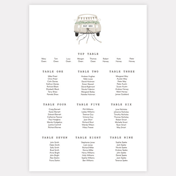 Vintage Classic Car Table Plan - Fast Delivery at Dotty About Paper